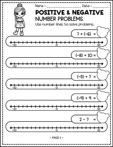 Integer Number Line Worksheets – Add & Subtract Positive & Negative Numbers
