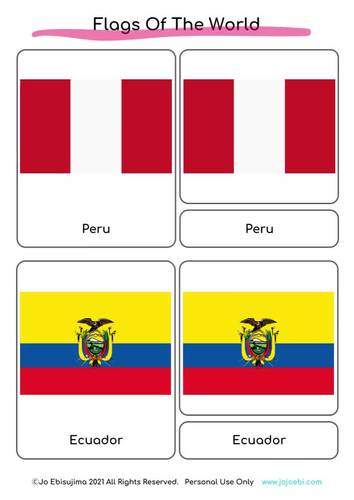 Montessori Flags Of South America - 3 part cards and mini flags for maps