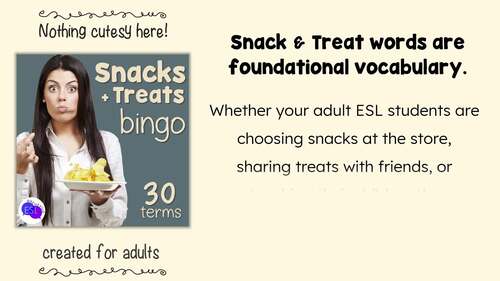 Adult ESL Snacks and Treats Bingo | Photo-Based Multi-Level Game