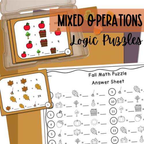 Fall Math Logic Puzzle Enrichment Activity Mixed Operations Task Cards