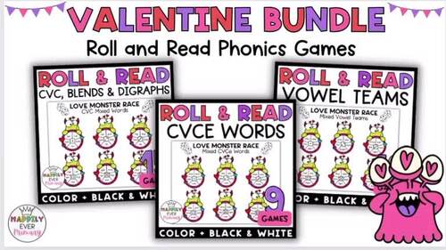 Valentine Roll and Read Phonics Games Bundle by Happily Ever Primary ...