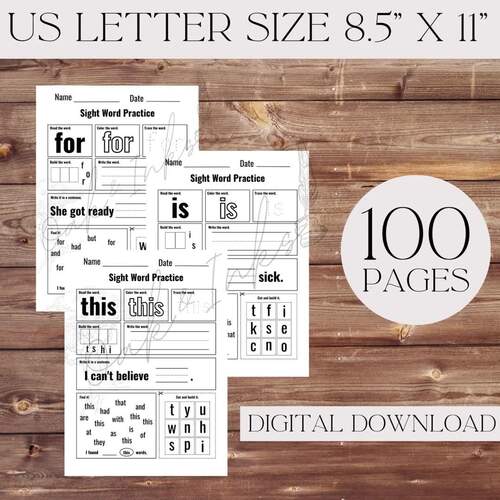 100 Sight Word Worksheets by OakandInks | TPT