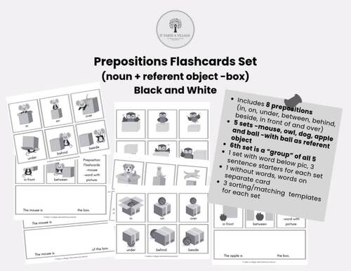 Prepositions Flashcards Set -Black and White (ABLLS-R aligned C51, G35)