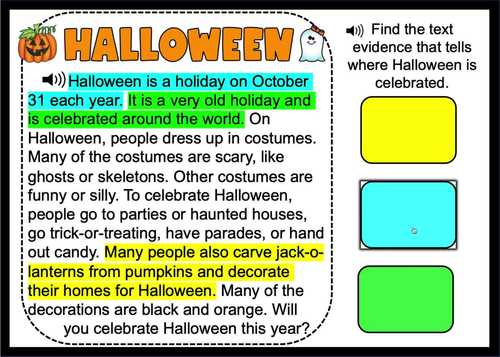Halloween Non-Fiction Reading Comprehension Boom Cards by 3rd Grade Engaged
