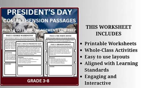 PRESIDENT'S DAY COMPREHENSION PASSAGES | 20 Q&A KEYS | GRADE 3-8