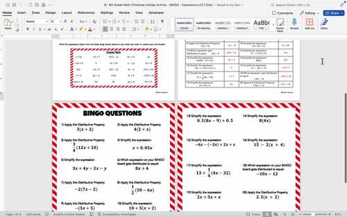 7th/8th Grade Math Christmas Activity: BINGO Review Game (Expressions)