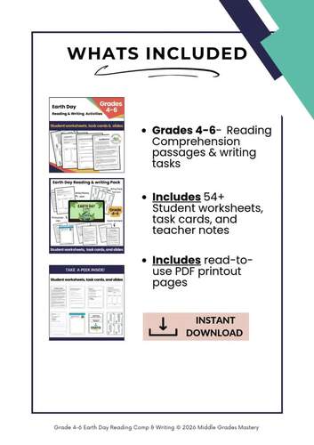Earth Day Reading Comprehension & Writing Activities, Grade 4–6 ...
