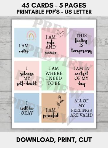 Anxiety Coping Cards | 45 Affirmation Cards Printable | Self-Care Cards