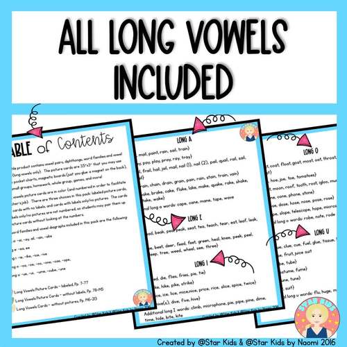 Long Vowels Picture Cards for Kindergarten and First Grade by Star Kids