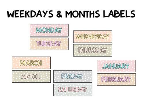 Printable Boho Spotty Weekdays and Months Labels, Days of the Week Posters