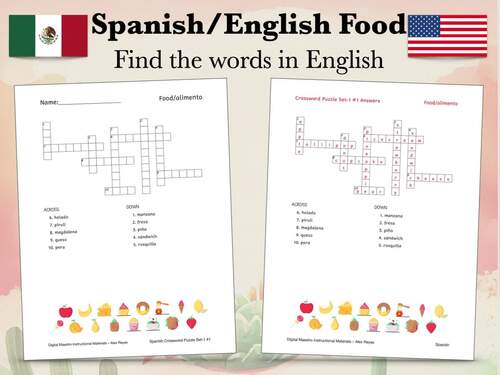 Spanish/English food vocabulary crossword puzzles ESL EFL ELD | TPT