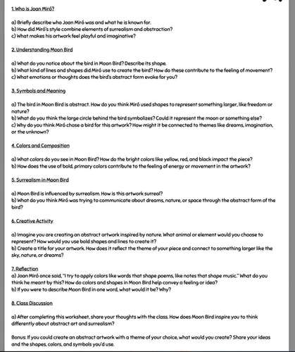 Joan Miró Moon Bird Poster | Surrealism Art Decor & Research (Grades 8-12)