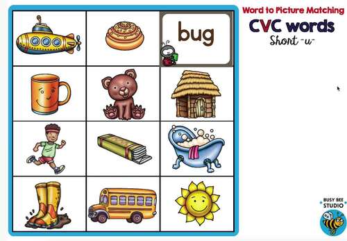 CVC Words Game Boom Cards Word to Picture Matching Short U by Busy Bee ...