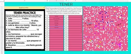 TENER Reading Comprehension Mystery Picture | Spanish Pixel Art | TPT