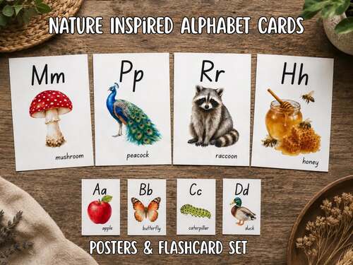 Alphabet Wall Cards and Flashcards, Nature Theme Decor, Watercolor ABC ...