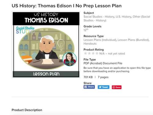 US History: Thomas Edison I No Prep Lesson Plan by Social Studies Studio