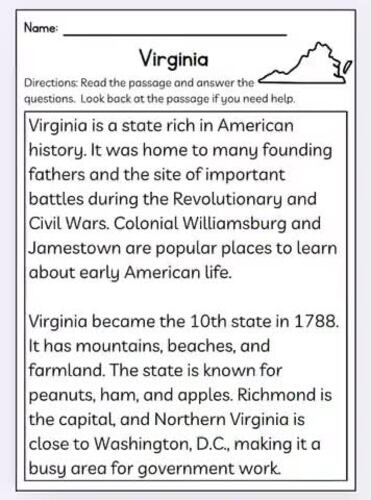 Virginia Reading Comprehension Passages & Questions by SproutandSparkle