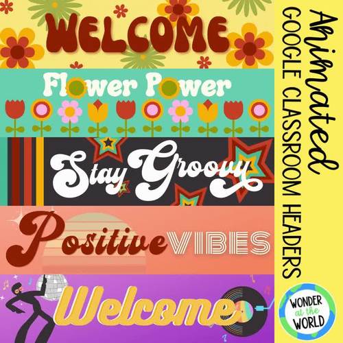 Retro groovy 70s style animated Google Classroom headers banners
