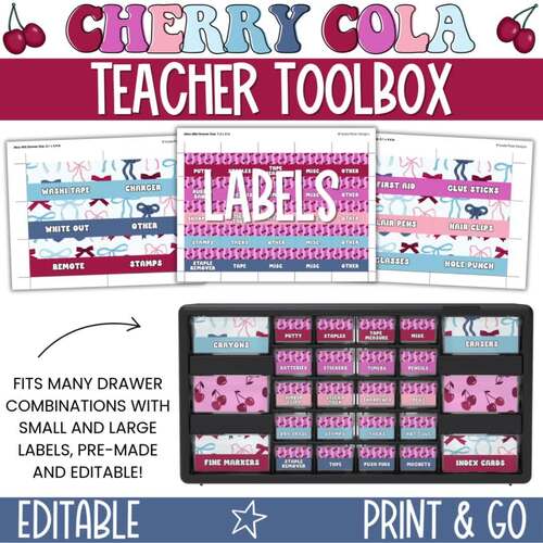 Editable Retro Teacher Toolbox Labels, Cherry Coquette Americana ...