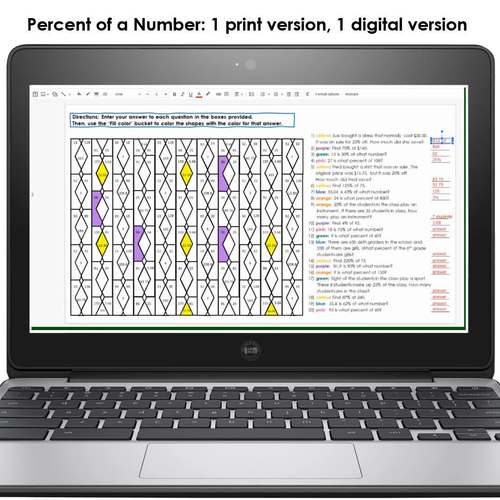 Percents Activity Percent of a Number Problems Coloring by Number ...