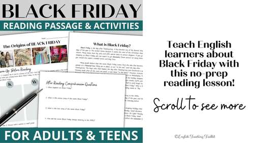 Adult ESL Black Friday Reading Comprehension Passage and Activities