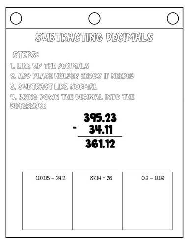 Subtracting Decimals Anchor Chart Guided Notes by The Adira Teacher