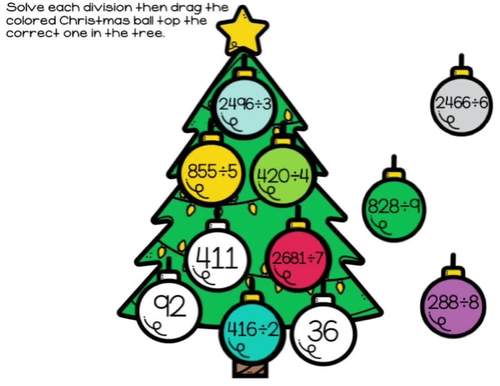 Long Division: 3 to 4 digits by 1 drag and drop xmas edition NO REMAINDER