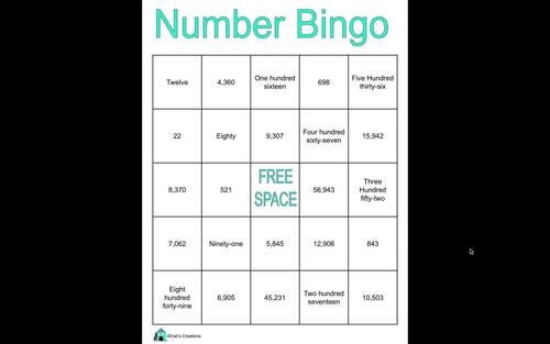 Number Recognition Bingo - Written Form and Standard Form for Second Grade