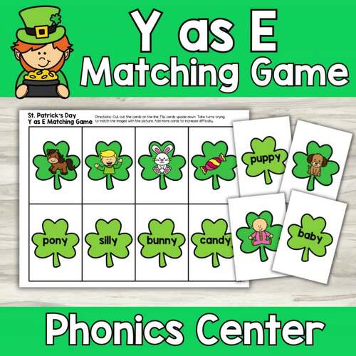 St. Patrick's Day Y as Long e Vowel Matching Game Center Station Activity