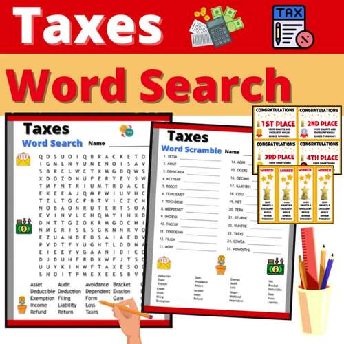 Taxes Word Search Puzzles Activity Tax Day with Bonus Awards | TPT