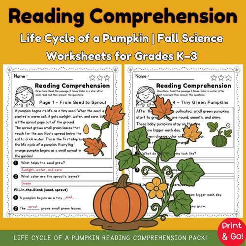Pumpkin Life Cycle Reading Passages and Science Worksheets | Fall for ...