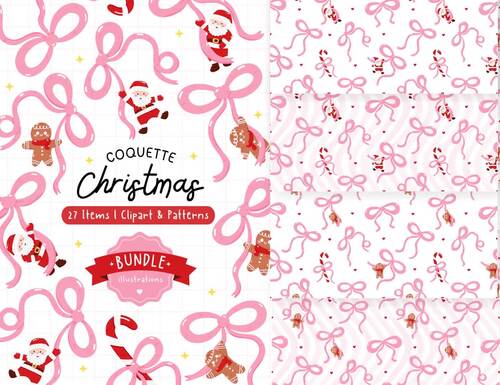 Coquette Christmas Clipart & Patterns – Cute Ribbons Bows Santa and ...