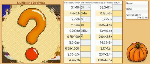 Multiplying and Dividing Decimals Thanksgiving Mystery Picture Pixel ...