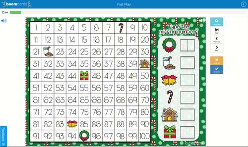 Kindergarten Math Christmas Boom Cards | 100 Chart Missing Numbers