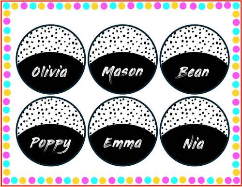 Black and White Student Name Labels, Round Name Plates, Name Cards