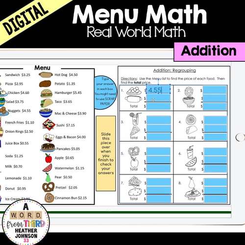 Digital Menu Math Addition: Money: Real World Application Google™ Slides