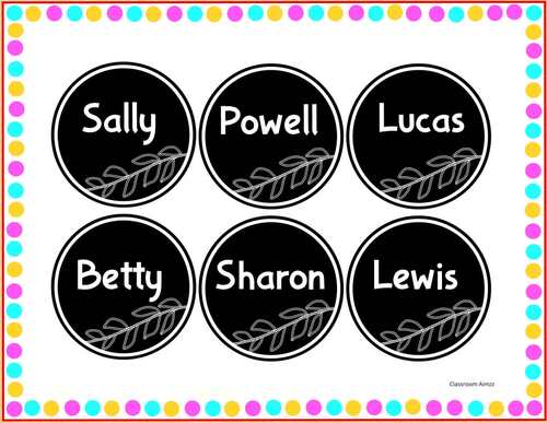 Printable Botanical Round Black and White Student Name Labels, Name Labels