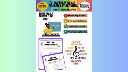 4th Grade Music Vocabulary Activities DEFINITIONS, WORD SEARCH, MATCHING!
