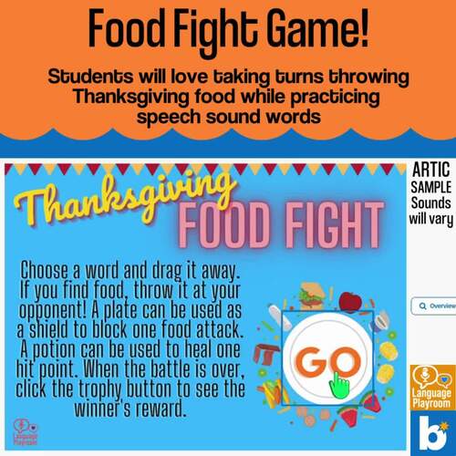 S and Z Articulation Food Fight Thanksgiving BOOM CARDS Speech Threapy Game