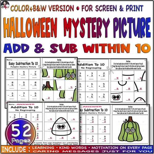 Addition & Subtraction within 10 Without Regrouping | Halloween Mystery ...