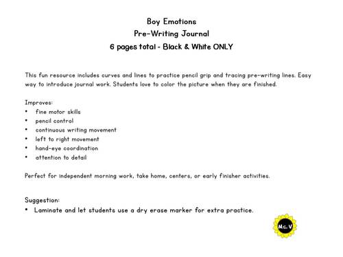 Kindergarten | Pre-K | Boy Emotions Pre-Writing Journal by Teachtree
