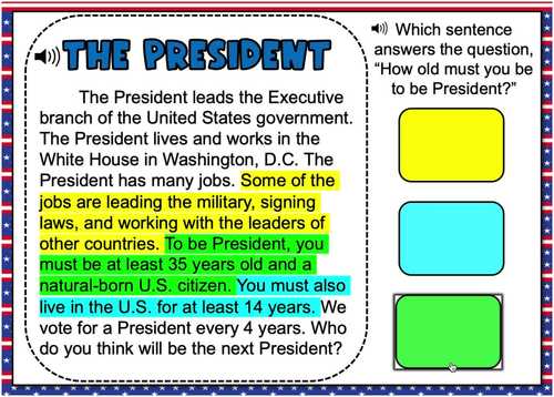 The President Finding Text Evidence Task Cards Digital Reading Boom Cards