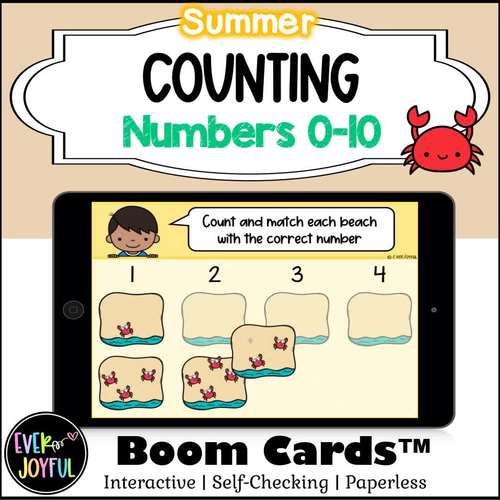 PreK Summer Math Boom Cards™ Counting Crabs on a Beach Numbers 0-10
