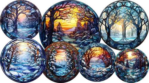 Watercolor Stained Glass Winter Environment Clipart Set of 24 Files