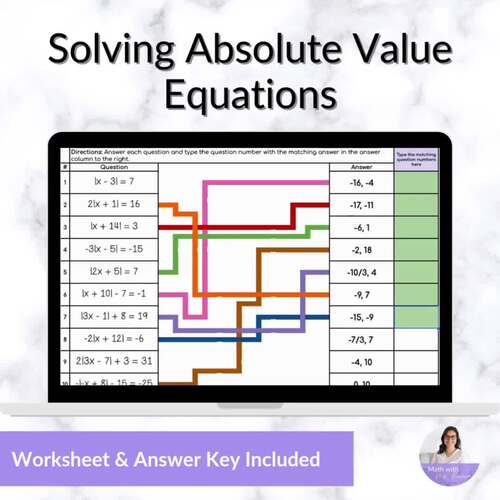Solving Absolute Value Equations Digital Matching Activity Algebra 2