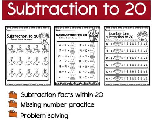 Thanksgiving Addition and Subtraction Within 20 Worksheets | TPT