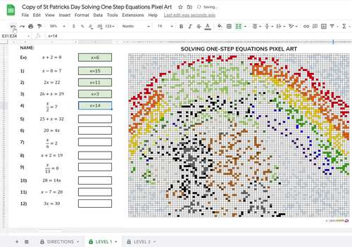 St. Patrick's Day Algebra Math Digital Pixel Art Solving One Step Equations