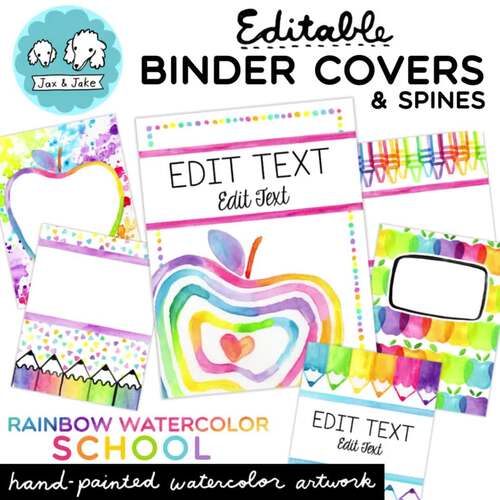 Rainbow Watercolor Back To School Editable Binder Covers and Spines