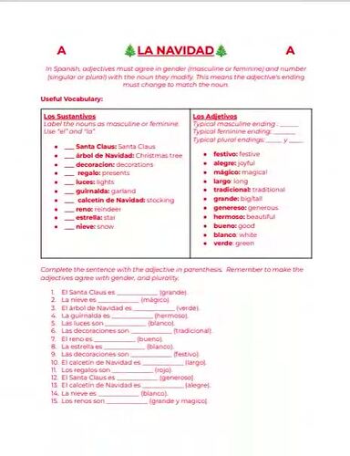 La Navidad - Spanish Christmas Differentiated Adjective Agreement Activity