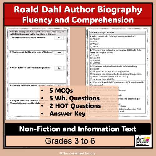 Roald Dahl Biography Reading Fluency and Comprehension worksheets ...